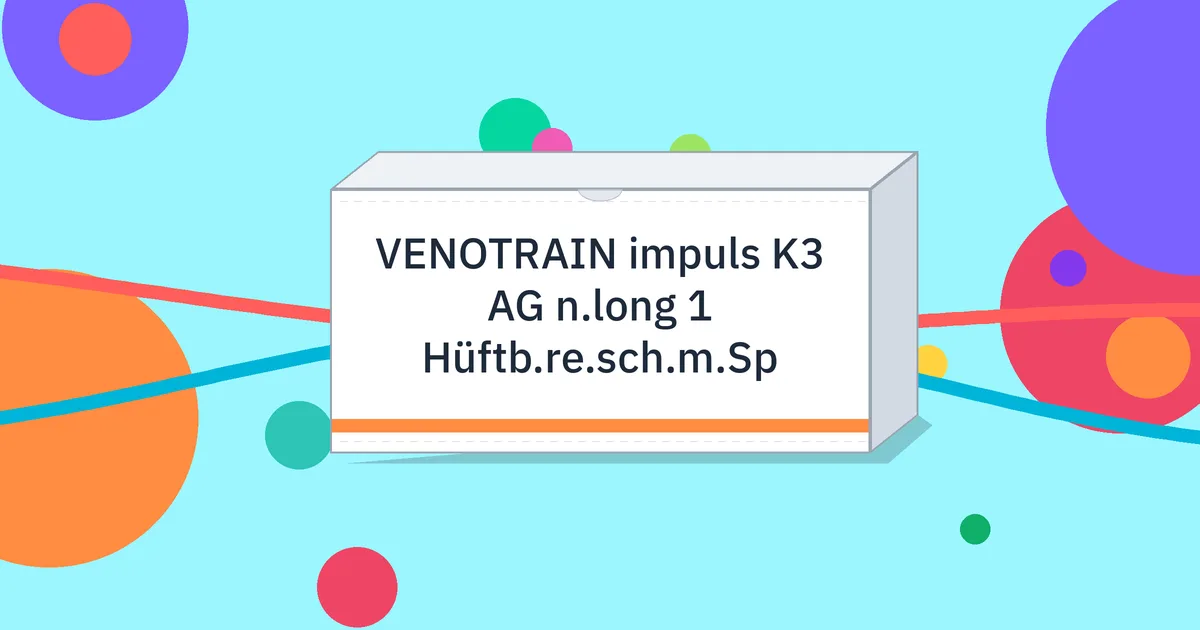 Symbolbild: Packung mit der Aufschrift VENOTRAIN impuls K3 AG n.long 1 Hüftb.re.sch.m.Sp (PZN 10293865) – Verfügbarkeit und Bezug in Apotheken in Frankfurt am Main