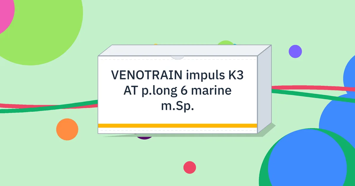 Symbolbild: Packung mit der Aufschrift VENOTRAIN impuls K3 AT p.long 6 marine m.Sp. (PZN 19355792) – Verfügbarkeit und Bezug in Apotheken in Frankfurt am Main