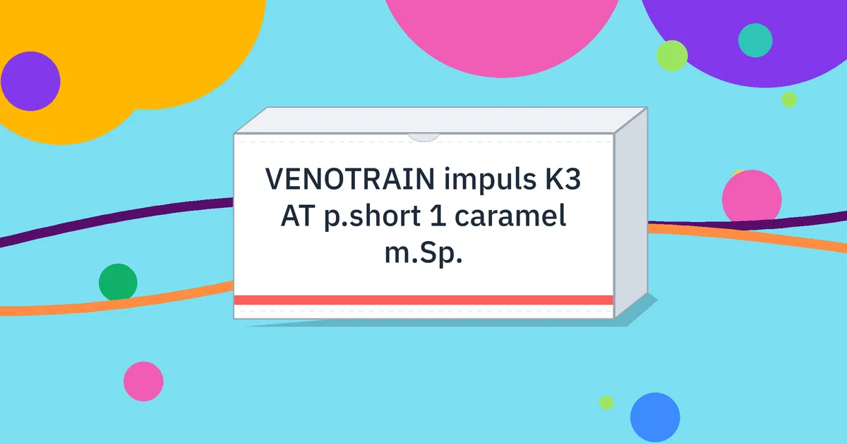 Symbolbild: Packung mit der Aufschrift VENOTRAIN impuls K3 AT p.short 1 caramel m.Sp. (PZN 19355007) – Verfügbarkeit und Bezug in Apotheken in Frankfurt am Main