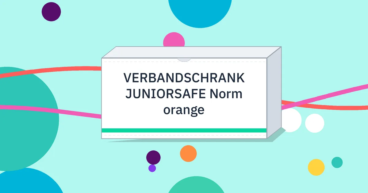 Symbolbild: Packung mit der Aufschrift VERBANDSCHRANK JUNIORSAFE Norm orange (PZN 11047938) – Verfügbarkeit und Bezug in Apotheken in Frankfurt am Main