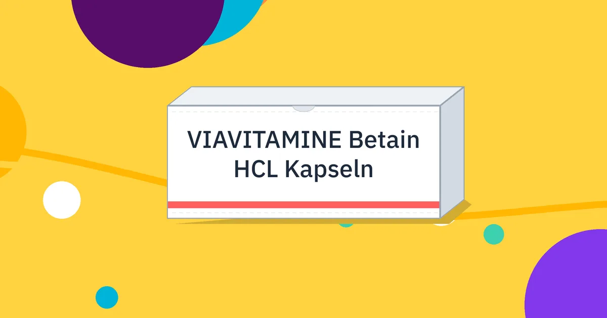 Symbolbild: Packung mit der Aufschrift VIAVITAMINE Betain HCL Kapseln (PZN 20190304) – Verfügbarkeit und Bezug in Apotheken in Frankfurt am Main