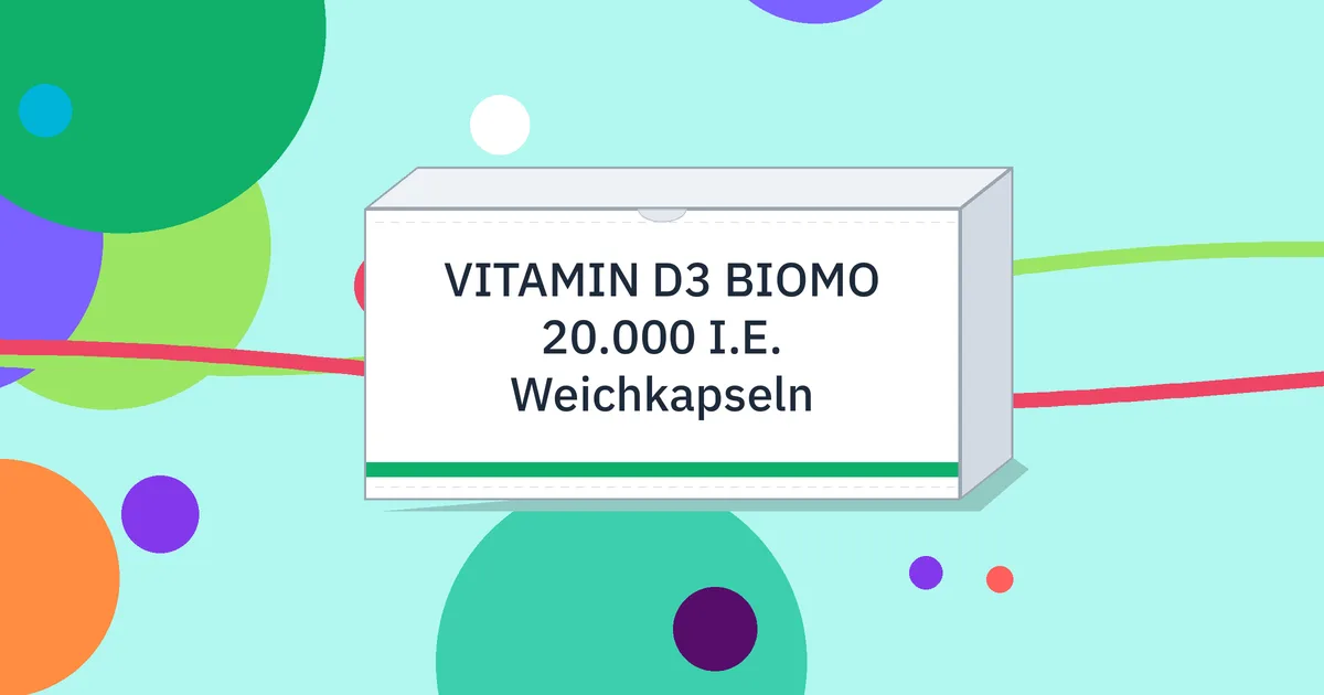 Symbolbild: Packung mit der Aufschrift VITAMIN D3 BIOMO 20.000 I.E. Weichkapseln (PZN 18455296) – Verfügbarkeit und Bezug in Apotheken in Frankfurt am Main