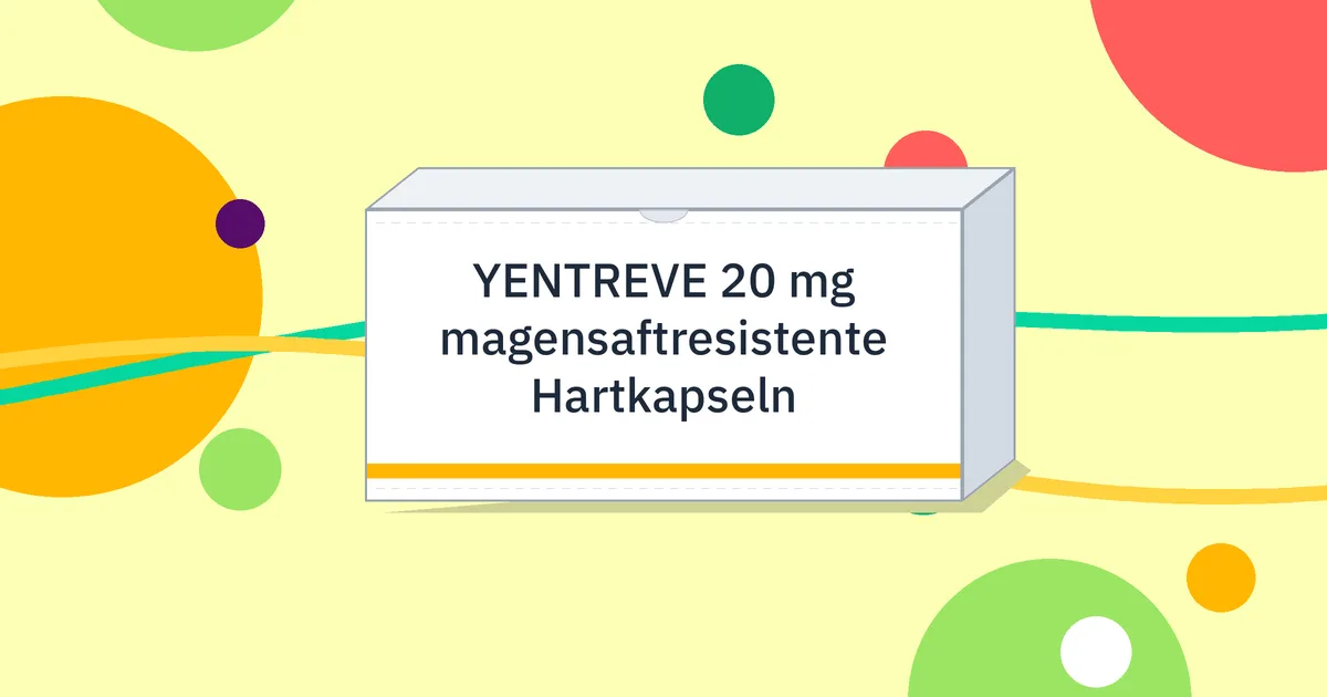 Symbolbild: Packung mit der Aufschrift YENTREVE 20 mg magensaftresistente Hartkapseln (PZN 00020988) – Verfügbarkeit und Bezug in Apotheken in Frankfurt am Main