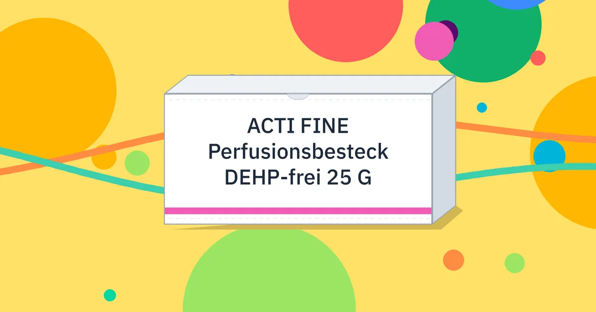 Symbolbild: Packung mit der Aufschrift ACTI FINE Perfusionsbesteck DEHP-frei 25 G (PZN 10843610) – Verfügbarkeit und Bezug in Apotheken in Frankfurt am Main