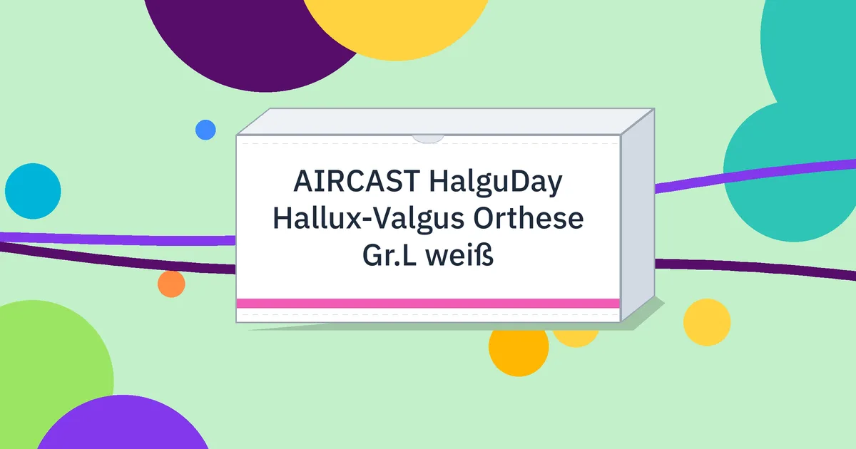 Symbolbild: Packung mit der Aufschrift AIRCAST HalguDay Hallux-Valgus Orthese Gr.L weiß (PZN 20571199) – Verfügbarkeit und Bezug in Apotheken in Frankfurt am Main