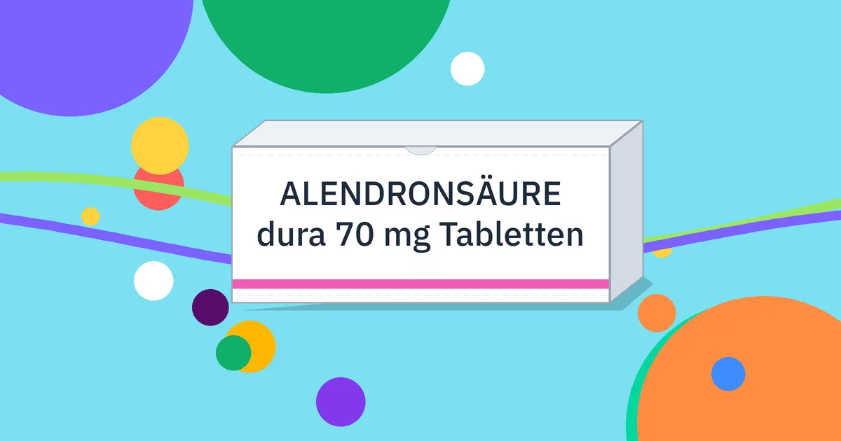 Symbolbild: Packung mit der Aufschrift ALENDRONSÄURE dura 70 mg Tabletten (PZN 13198216) – Verfügbarkeit und Bezug in Apotheken in Frankfurt am Main