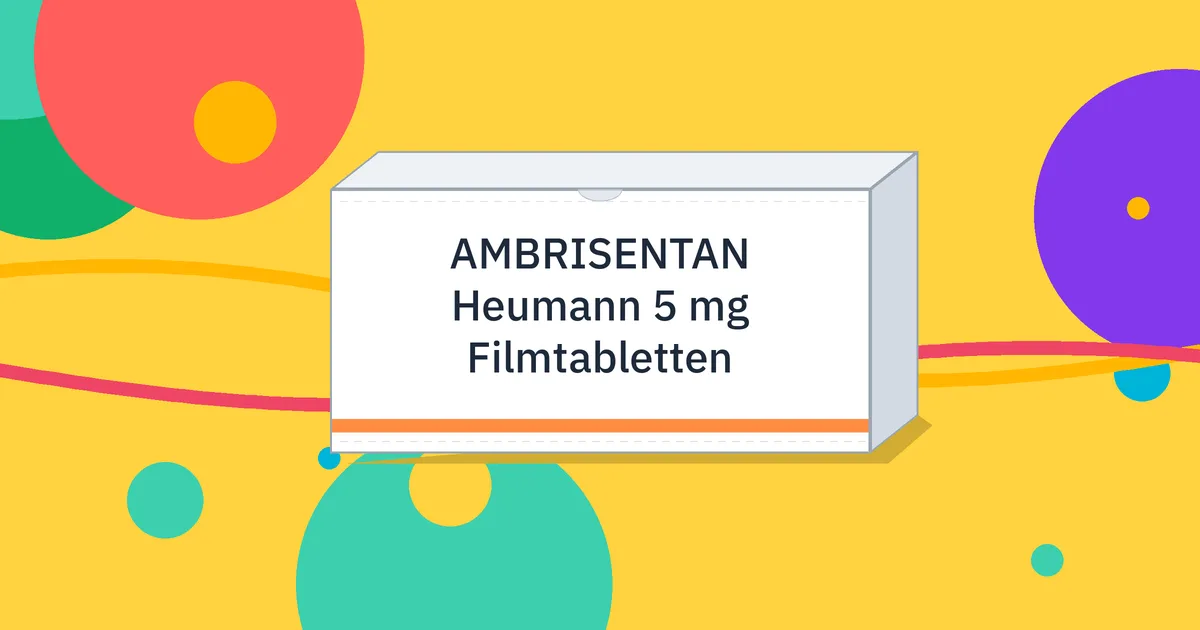 Symbolbild: Packung mit der Aufschrift AMBRISENTAN Heumann 5 mg Filmtabletten (PZN 19727408) – Verfügbarkeit und Bezug in Apotheken in Frankfurt am Main