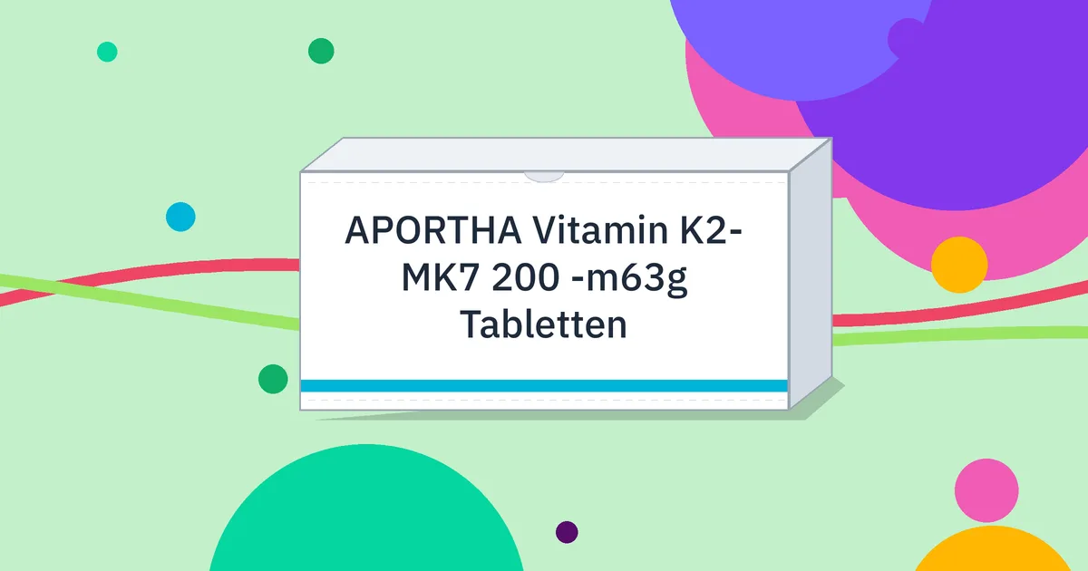Symbolbild: Packung mit der Aufschrift APORTHA Vitamin K2-MK7 200 -m63g Tabletten (PZN 13343285) – Verfügbarkeit und Bezug in Apotheken in Frankfurt am Main