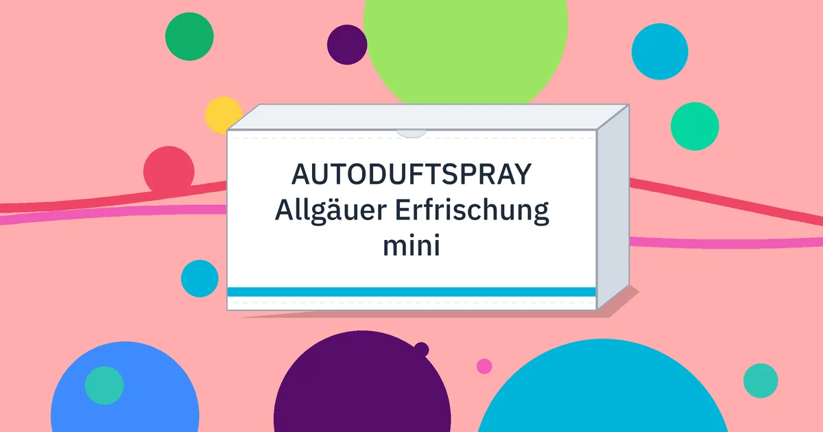 Symbolbild: Packung mit der Aufschrift AUTODUFTSPRAY Allgäuer Erfrischung mini (PZN 18080459) – Verfügbarkeit und Bezug in Apotheken in Frankfurt am Main