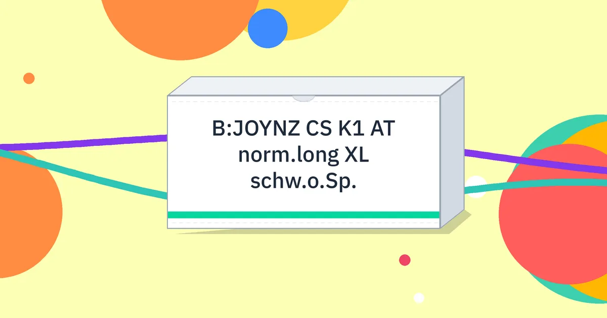Symbolbild: Packung mit der Aufschrift B:JOYNZ CS K1 AT norm.long XL schw.o.Sp. (PZN 20537587) – Verfügbarkeit und Bezug in Apotheken in Frankfurt am Main