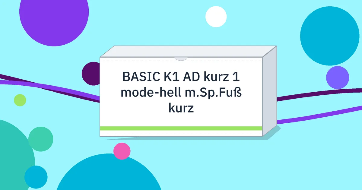 Symbolbild: Packung mit der Aufschrift BASIC K1 AD kurz 1 mode-hell m.Sp.Fuß kurz (PZN 20256983) – Verfügbarkeit und Bezug in Apotheken in Frankfurt am Main