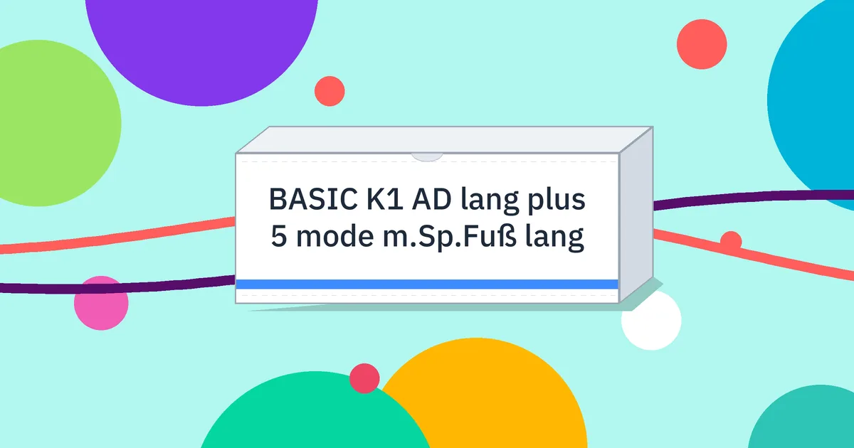Symbolbild: Packung mit der Aufschrift BASIC K1 AD lang plus 5 mode m.Sp.Fuß lang (PZN 20258999) – Verfügbarkeit und Bezug in Apotheken in Frankfurt am Main