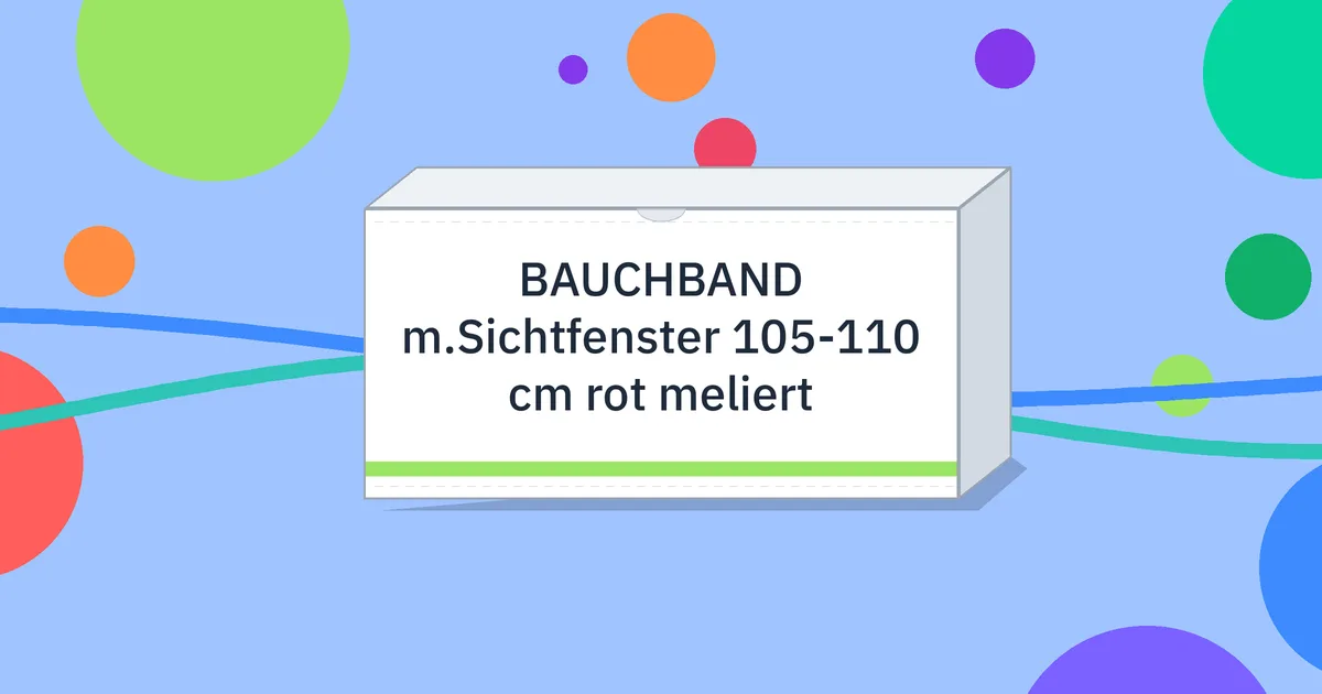 Symbolbild: Packung mit der Aufschrift BAUCHBAND m.Sichtfenster 105-110 cm rot meliert (PZN 13917243) – Verfügbarkeit und Bezug in Apotheken in Frankfurt am Main