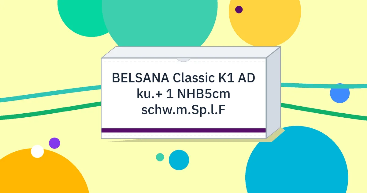 Symbolbild: Packung mit der Aufschrift BELSANA Classic K1 AD ku.+ 1 NHB5cm schw.m.Sp.l.F (PZN 19254223) – Verfügbarkeit und Bezug in Apotheken in Frankfurt am Main