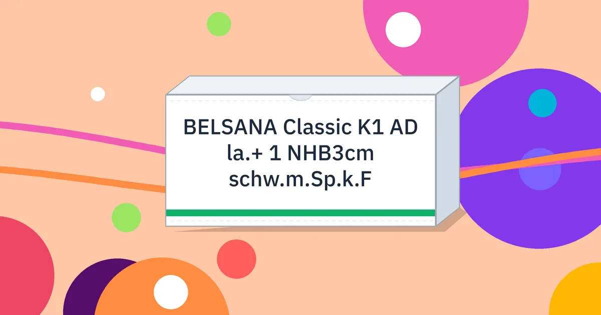 Symbolbild: Packung mit der Aufschrift BELSANA Classic K1 AD la.+ 1 NHB3cm schw.m.Sp.k.F (PZN 19254105) – Verfügbarkeit und Bezug in Apotheken in Frankfurt am Main