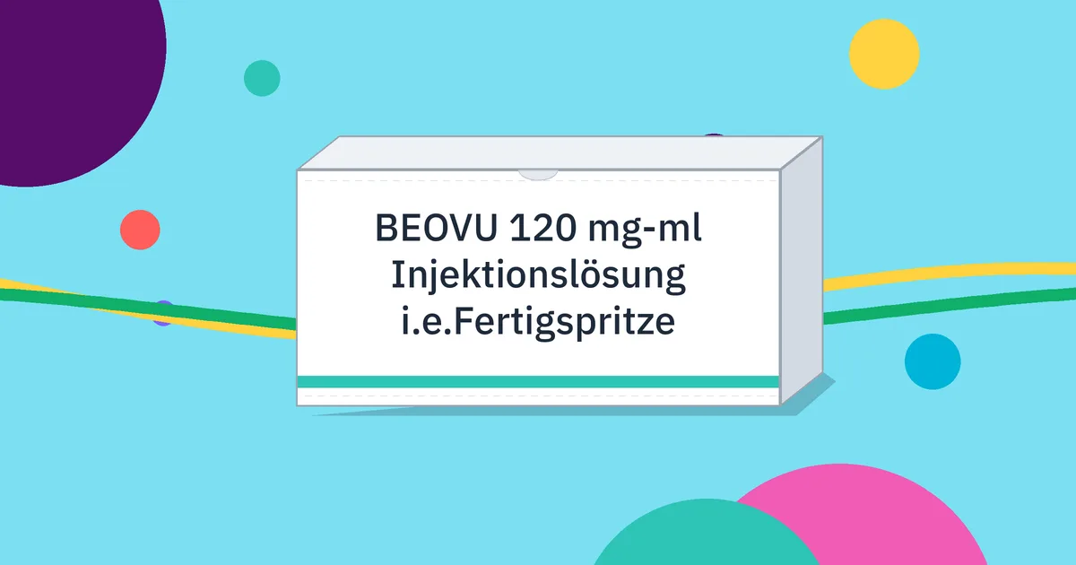 Symbolbild: Packung mit der Aufschrift BEOVU 120 mg-ml Injektionslösung i.e.Fertigspritze (PZN 18598788) – Verfügbarkeit und Bezug in Apotheken in Frankfurt am Main