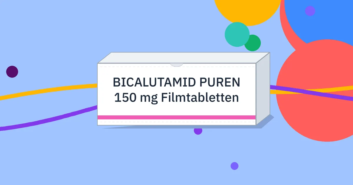 Symbolbild: Packung mit der Aufschrift BICALUTAMID PUREN 150 mg Filmtabletten (PZN 19337133) – Verfügbarkeit und Bezug in Apotheken in Frankfurt am Main