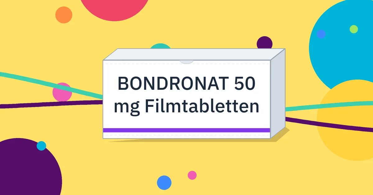 Symbolbild: Packung mit der Aufschrift BONDRONAT 50 mg Filmtabletten (PZN 03477487) – Verfügbarkeit und Bezug in Apotheken in Frankfurt am Main