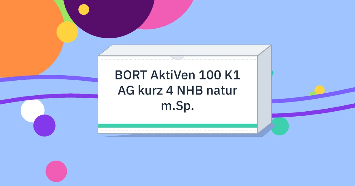 Symbolbild: Packung mit der Aufschrift BORT AktiVen 100 K1 AG kurz 4 NHB natur m.Sp. (PZN 13729903) – Verfügbarkeit und Bezug in Apotheken in Frankfurt am Main