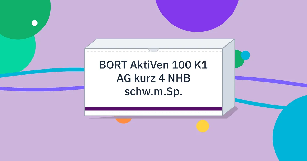 Symbolbild: Packung mit der Aufschrift BORT AktiVen 100 K1 AG kurz 4 NHB schw.m.Sp. (PZN 14388410) – Verfügbarkeit und Bezug in Apotheken in Frankfurt am Main