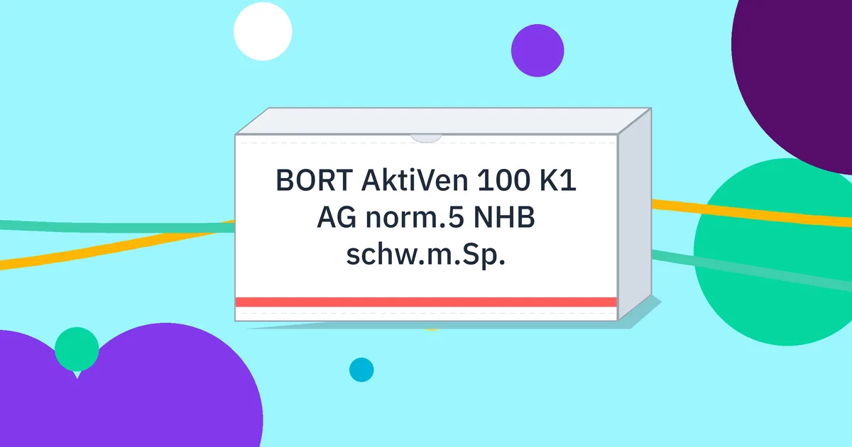 Symbolbild: Packung mit der Aufschrift BORT AktiVen 100 K1 AG norm.5 NHB schw.m.Sp. (PZN 14388261) – Verfügbarkeit und Bezug in Apotheken in Frankfurt am Main