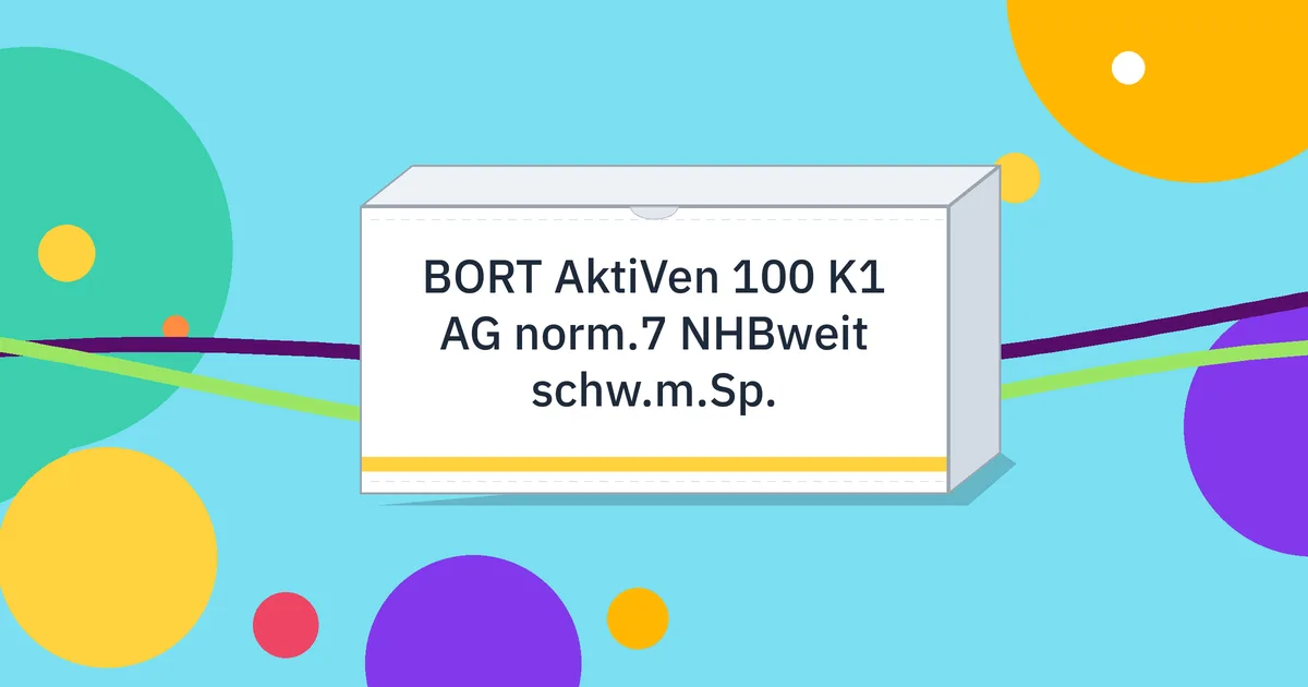Symbolbild: Packung mit der Aufschrift BORT AktiVen 100 K1 AG norm.7 NHBweit schw.m.Sp. (PZN 14388367) – Verfügbarkeit und Bezug in Apotheken in Frankfurt am Main