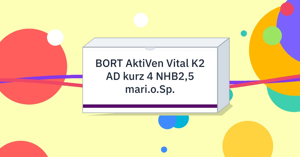Symbolbild: Packung mit der Aufschrift BORT AktiVen Vital K2 AD kurz 4 NHB2,5 mari.o.Sp. (PZN 17499334) – Verfügbarkeit und Bezug in Apotheken in Frankfurt am Main