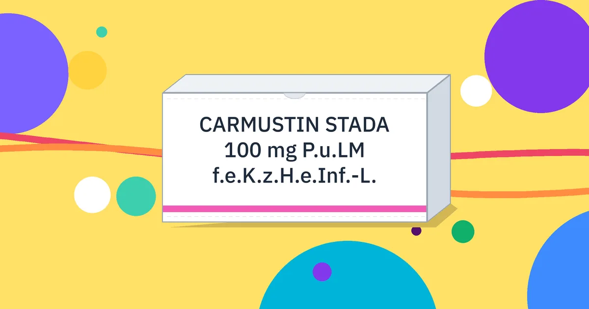 Symbolbild: Packung mit der Aufschrift CARMUSTIN STADA 100 mg P.u.LM f.e.K.z.H.e.Inf.-L. (PZN 18304924) – Verfügbarkeit und Bezug in Apotheken in Frankfurt am Main