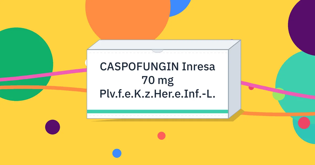Symbolbild: Packung mit der Aufschrift CASPOFUNGIN Inresa 70 mg Plv.f.e.K.z.Her.e.Inf.-L. (PZN 12868927) – Verfügbarkeit und Bezug in Apotheken in Frankfurt am Main