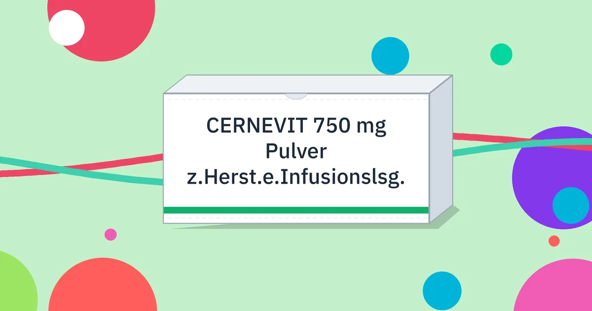 Symbolbild: Packung mit der Aufschrift CERNEVIT 750 mg Pulver z.Herst.e.Infusionslsg. (PZN 03204513) – Verfügbarkeit und Bezug in Apotheken in Frankfurt am Main