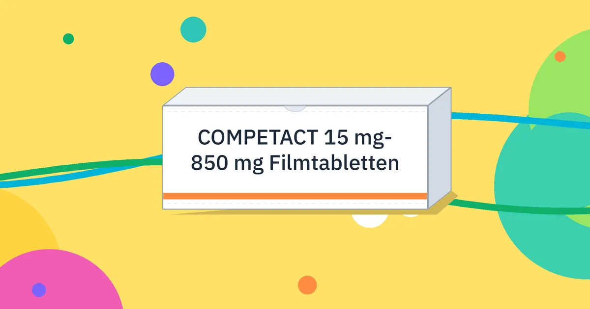 Symbolbild: Packung mit der Aufschrift COMPETACT 15 mg-850 mg Filmtabletten (PZN 09120987) – Verfügbarkeit und Bezug in Apotheken in Frankfurt am Main