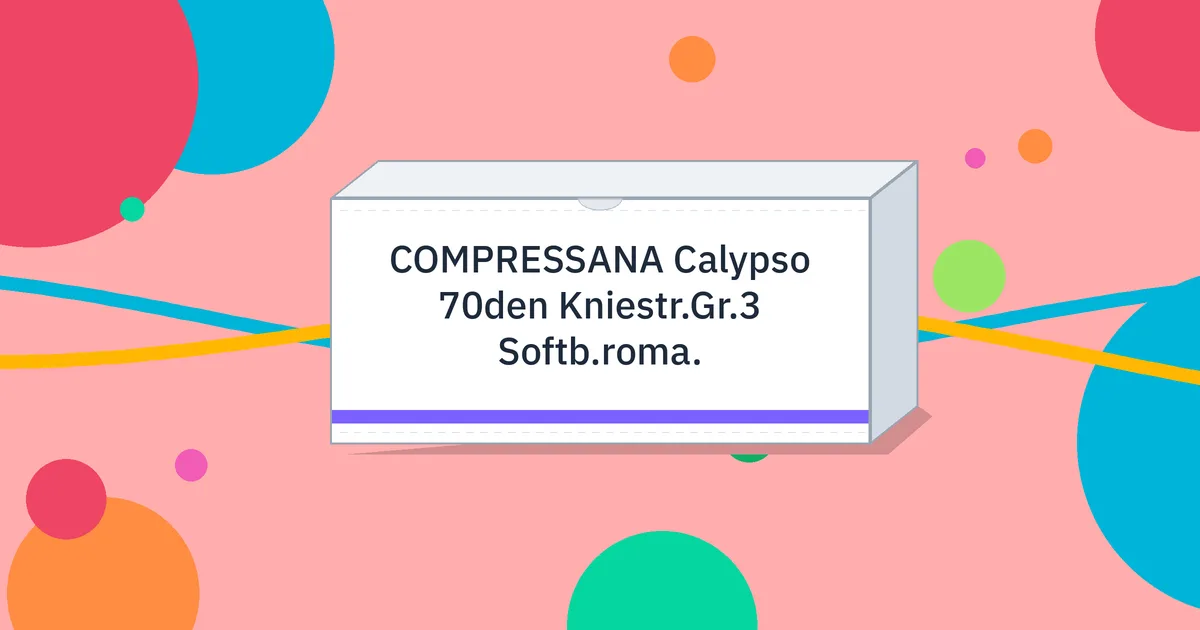 Symbolbild: Packung mit der Aufschrift COMPRESSANA Calypso 70den Kniestr.Gr.3 Softb.roma. (PZN 07719510) – Verfügbarkeit und Bezug in Apotheken in Frankfurt am Main