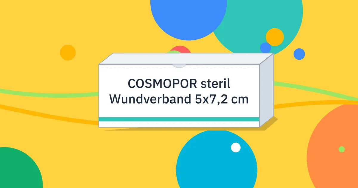 Symbolbild: Packung mit der Aufschrift COSMOPOR steril Wundverband 5x7,2 cm (PZN 19699540) – Verfügbarkeit und Bezug in Apotheken in Frankfurt am Main