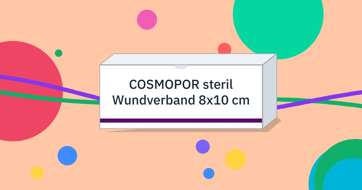 Symbolbild: Packung mit der Aufschrift COSMOPOR steril Wundverband 8x10 cm (PZN 19346741) – Verfügbarkeit und Bezug in Apotheken in Frankfurt am Main