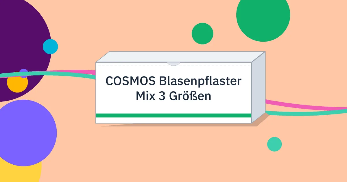 Symbolbild: Packung mit der Aufschrift COSMOS Blasenpflaster Mix 3 Größen (PZN 16823057) – Verfügbarkeit und Bezug in Apotheken in Frankfurt am Main