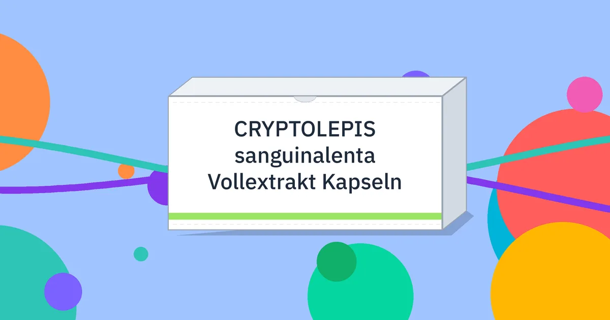 Symbolbild: Packung mit der Aufschrift CRYPTOLEPIS sanguinalenta Vollextrakt Kapseln (PZN 14054666) – Verfügbarkeit und Bezug in Apotheken in Frankfurt am Main