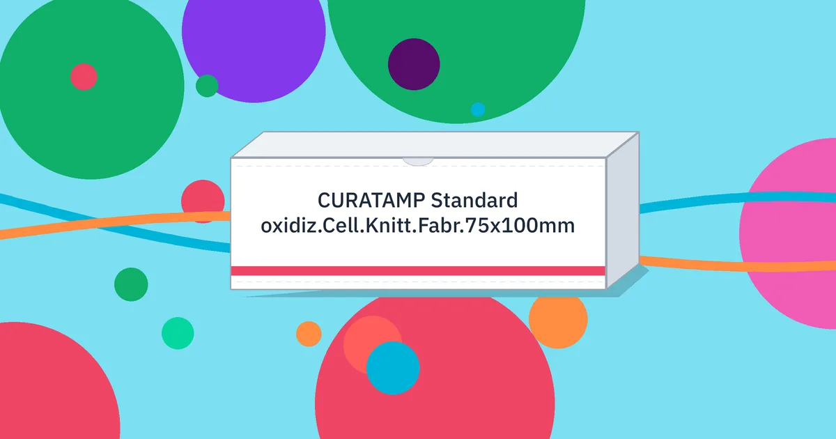 Symbolbild: Packung mit der Aufschrift CURATAMP Standard oxidiz.Cell.Knitt.Fabr.75x100mm (PZN 16211093) – Verfügbarkeit und Bezug in Apotheken in Frankfurt am Main
