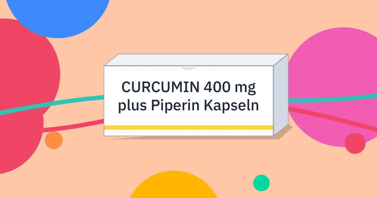 Symbolbild: Packung mit der Aufschrift CURCUMIN 400 mg plus Piperin Kapseln (PZN 15736942) – Verfügbarkeit und Bezug in Apotheken in Frankfurt am Main