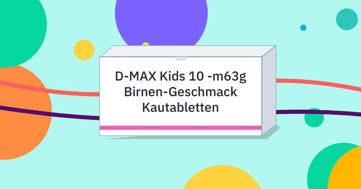 Symbolbild: Packung mit der Aufschrift D-MAX Kids 10 -m63g Birnen-Geschmack Kautabletten (PZN 11009903) – Verfügbarkeit und Bezug in Apotheken in Frankfurt am Main