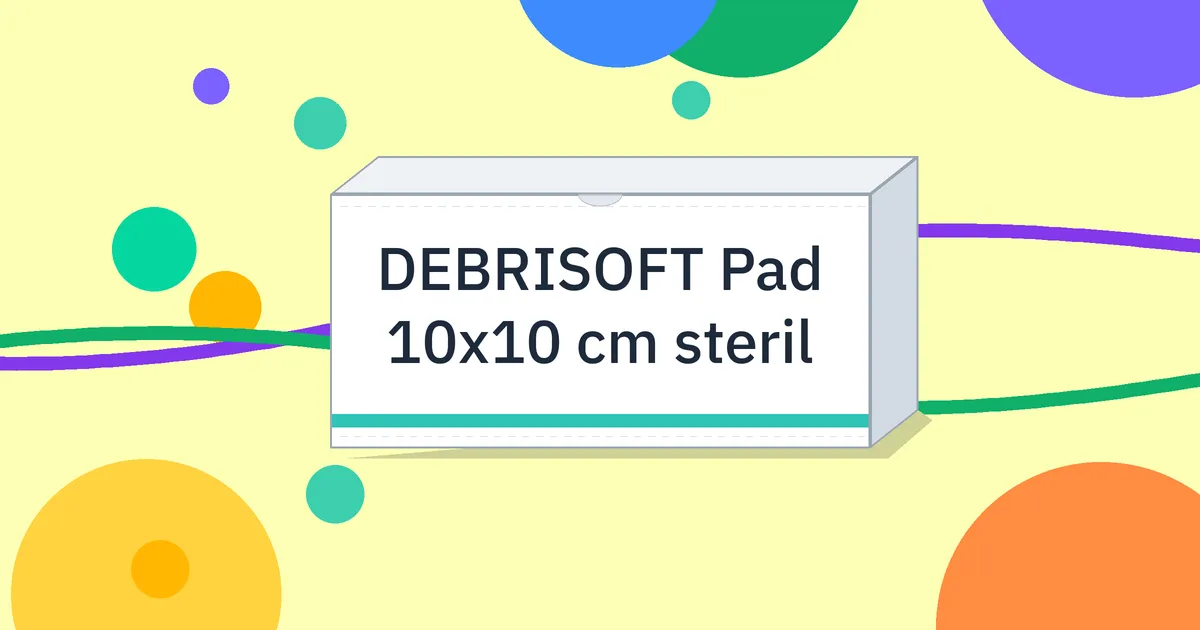 Symbolbild: Packung mit der Aufschrift DEBRISOFT Pad 10x10 cm steril (PZN 17245467) – Verfügbarkeit und Bezug in Apotheken in Frankfurt am Main