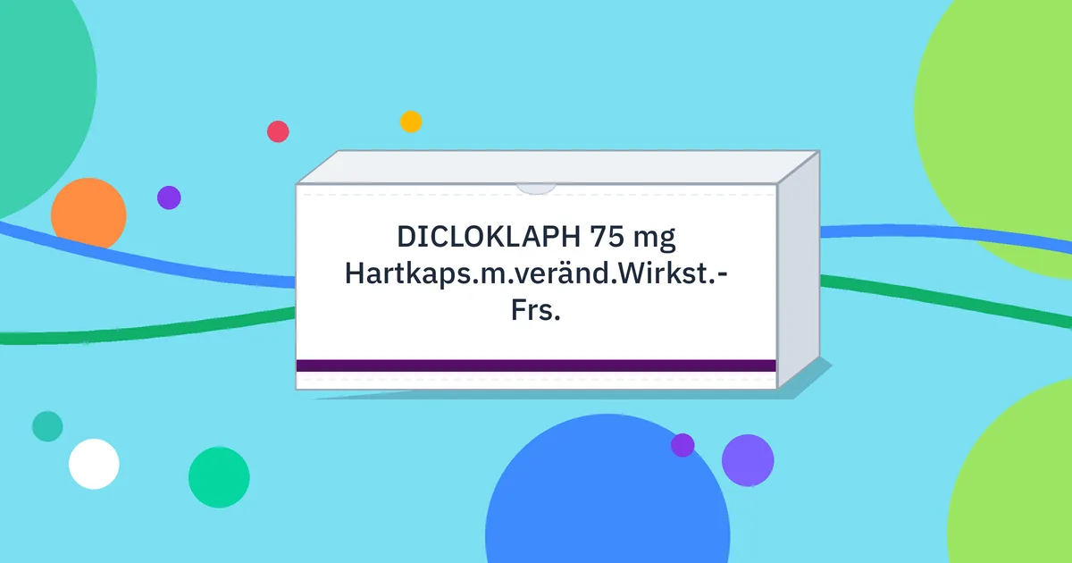 Symbolbild: Packung mit der Aufschrift DICLOKLAPH 75 mg Hartkaps.m.veränd.Wirkst.-Frs. (PZN 19128501) – Verfügbarkeit und Bezug in Apotheken in Frankfurt am Main