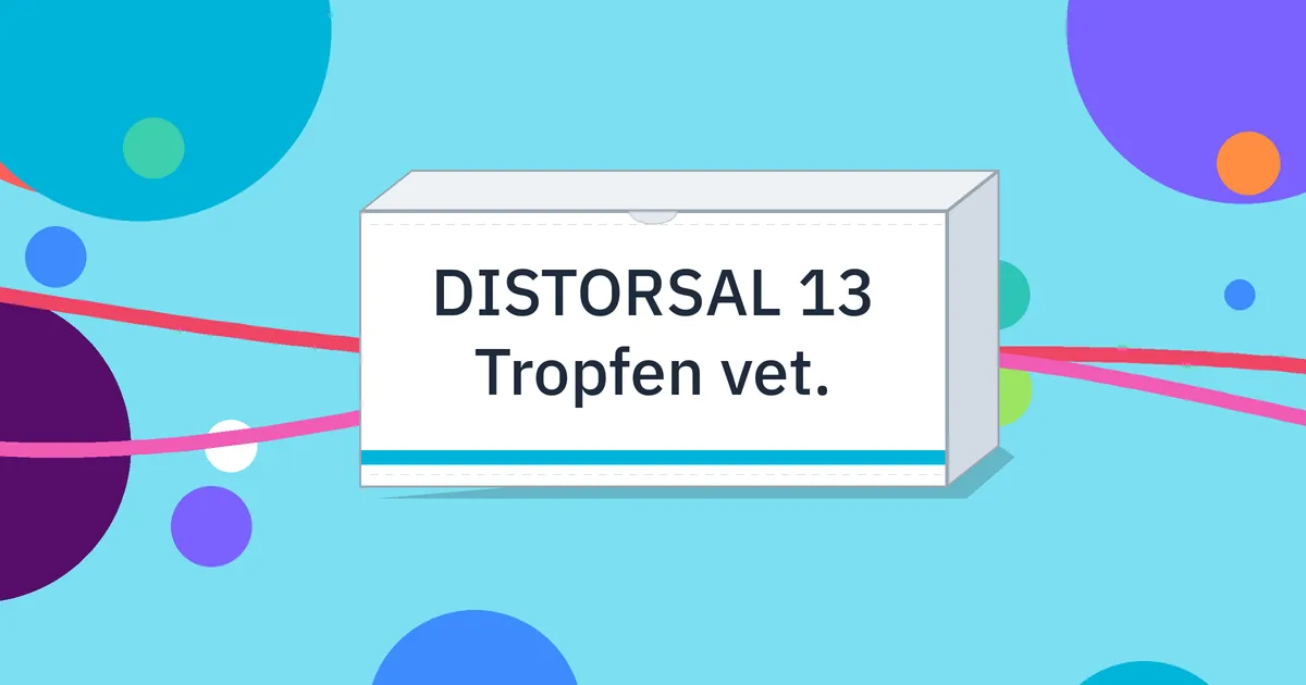 Symbolbild: Packung mit der Aufschrift DISTORSAL 13 Tropfen vet. (PZN 02538703) – Verfügbarkeit und Bezug in Apotheken in Frankfurt am Main