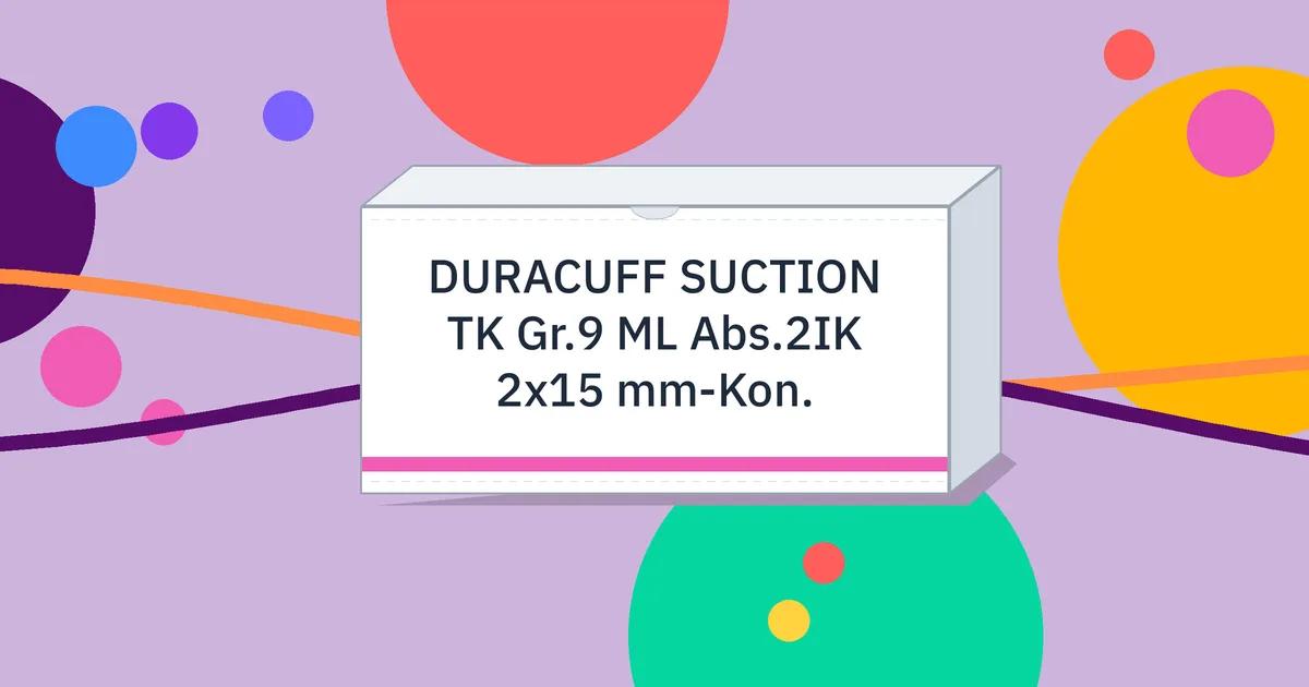 Symbolbild: Packung mit der Aufschrift DURACUFF SUCTION TK Gr.9 ML Abs.2IK 2x15 mm-Kon. (PZN 04961245) – Verfügbarkeit und Bezug in Apotheken in Frankfurt am Main