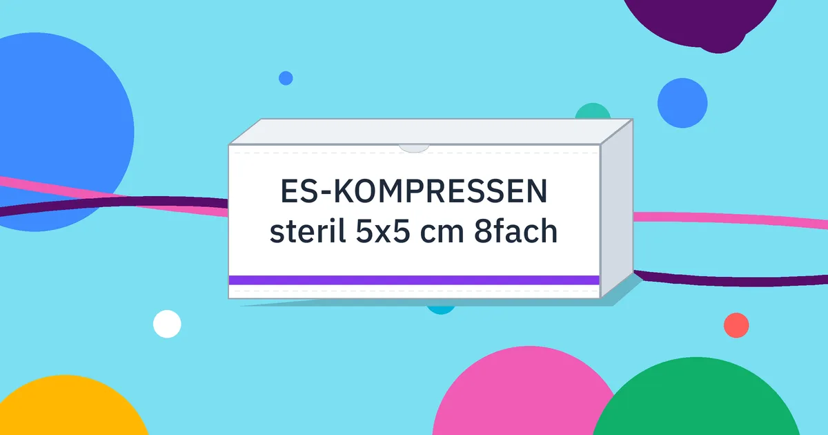Symbolbild: Packung mit der Aufschrift ES-KOMPRESSEN steril 5x5 cm 8fach (PZN 16205187) – Verfügbarkeit und Bezug in Apotheken in Frankfurt am Main