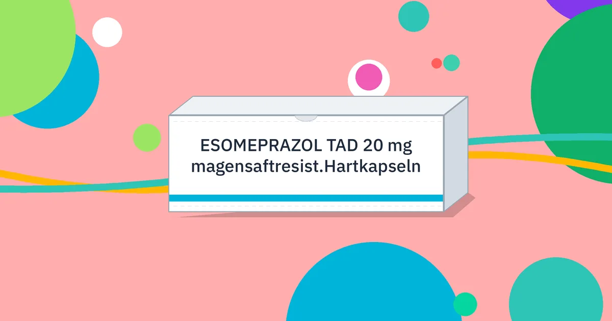 Symbolbild: Packung mit der Aufschrift ESOMEPRAZOL TAD 20 mg magensaftresist.Hartkapseln (PZN 06834315) – Verfügbarkeit und Bezug in Apotheken in Frankfurt am Main