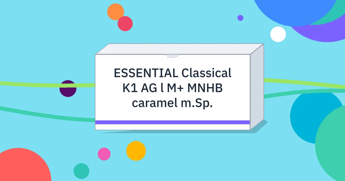 Symbolbild: Packung mit der Aufschrift ESSENTIAL Classical K1 AG l M+ MNHB caramel m.Sp. (PZN 19321540) – Verfügbarkeit und Bezug in Apotheken in Frankfurt am Main