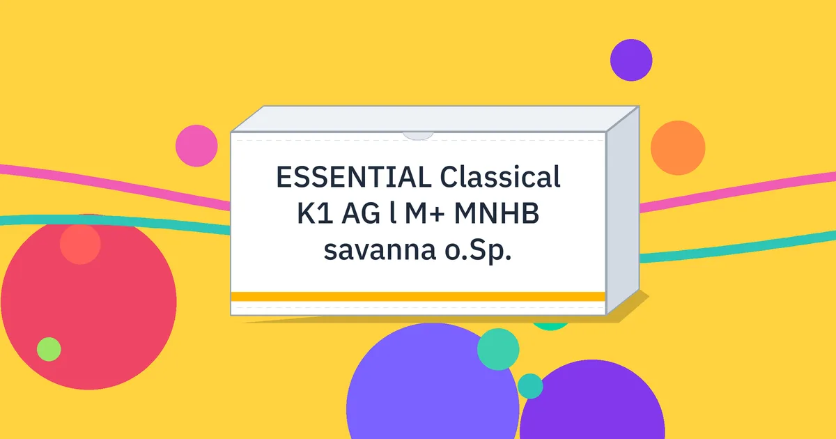 Symbolbild: Packung mit der Aufschrift ESSENTIAL Classical K1 AG l M+ MNHB savanna o.Sp. (PZN 19320546) – Verfügbarkeit und Bezug in Apotheken in Frankfurt am Main