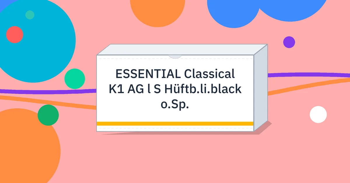 Symbolbild: Packung mit der Aufschrift ESSENTIAL Classical K1 AG l S Hüftb.li.black o.Sp. (PZN 17013136) – Verfügbarkeit und Bezug in Apotheken in Frankfurt am Main