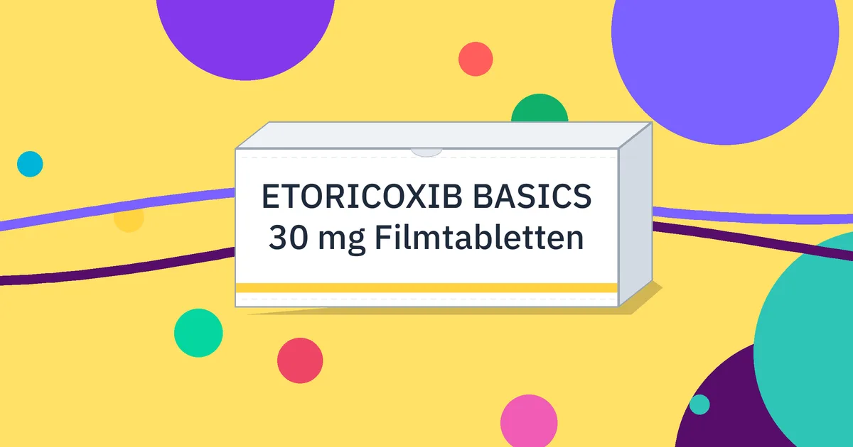 Symbolbild: Packung mit der Aufschrift ETORICOXIB BASICS 30 mg Filmtabletten (PZN 17668593) – Verfügbarkeit und Bezug in Apotheken in Frankfurt am Main