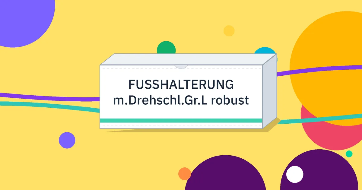 Symbolbild: Packung mit der Aufschrift FUSSHALTERUNG m.Drehschl.Gr.L robust (PZN 11574454) – Verfügbarkeit und Bezug in Apotheken in Frankfurt am Main
